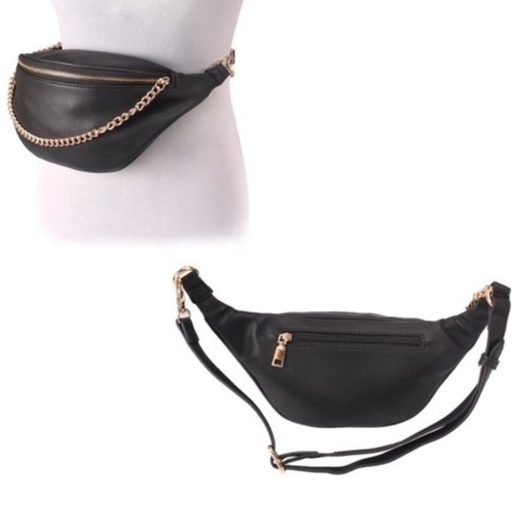 Bags | Black Fanny Pack W Gold Chain | Poshmark